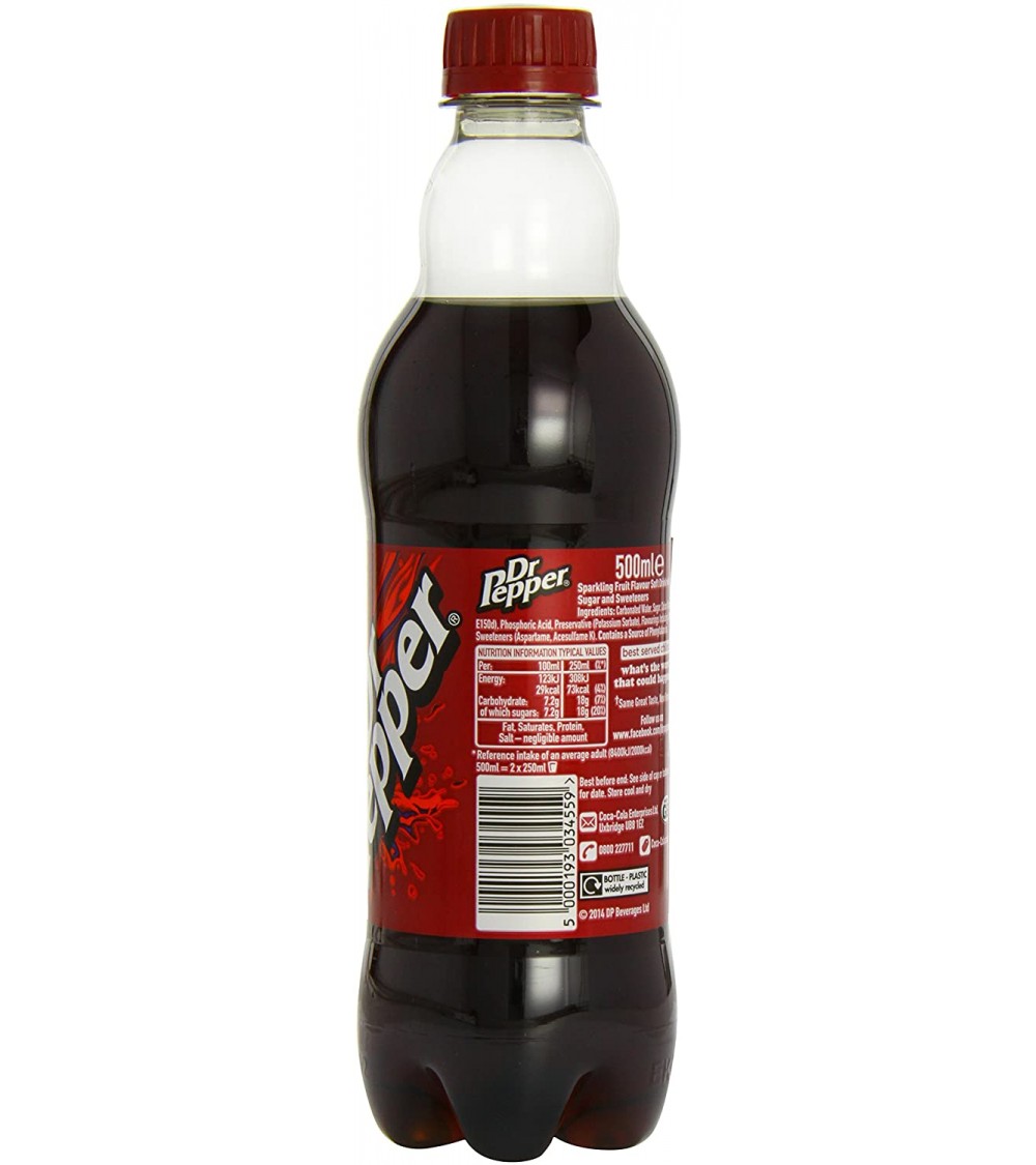 Dr Pepper Fizzy Drinks - 500ml Bottles, Case of 12